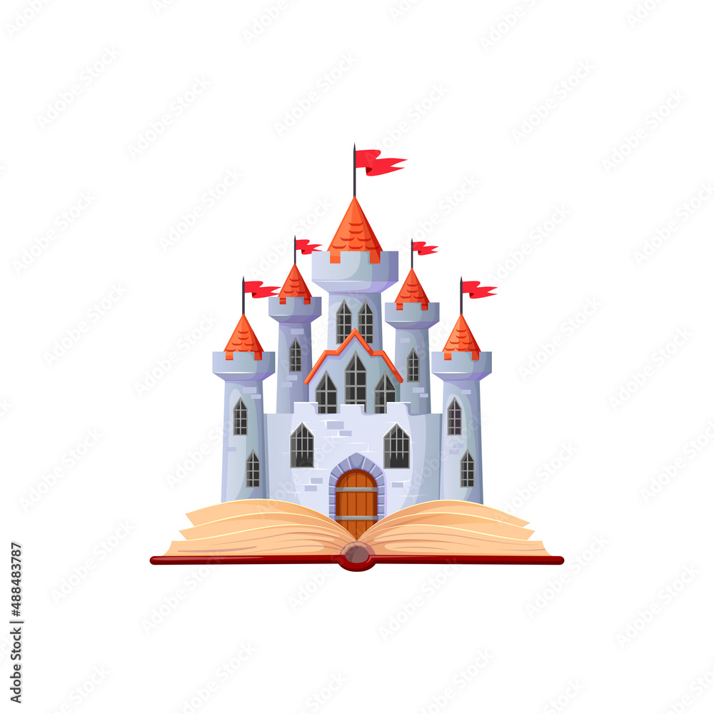 Fairy tale princess castle in open book with fairy tales isolated ...