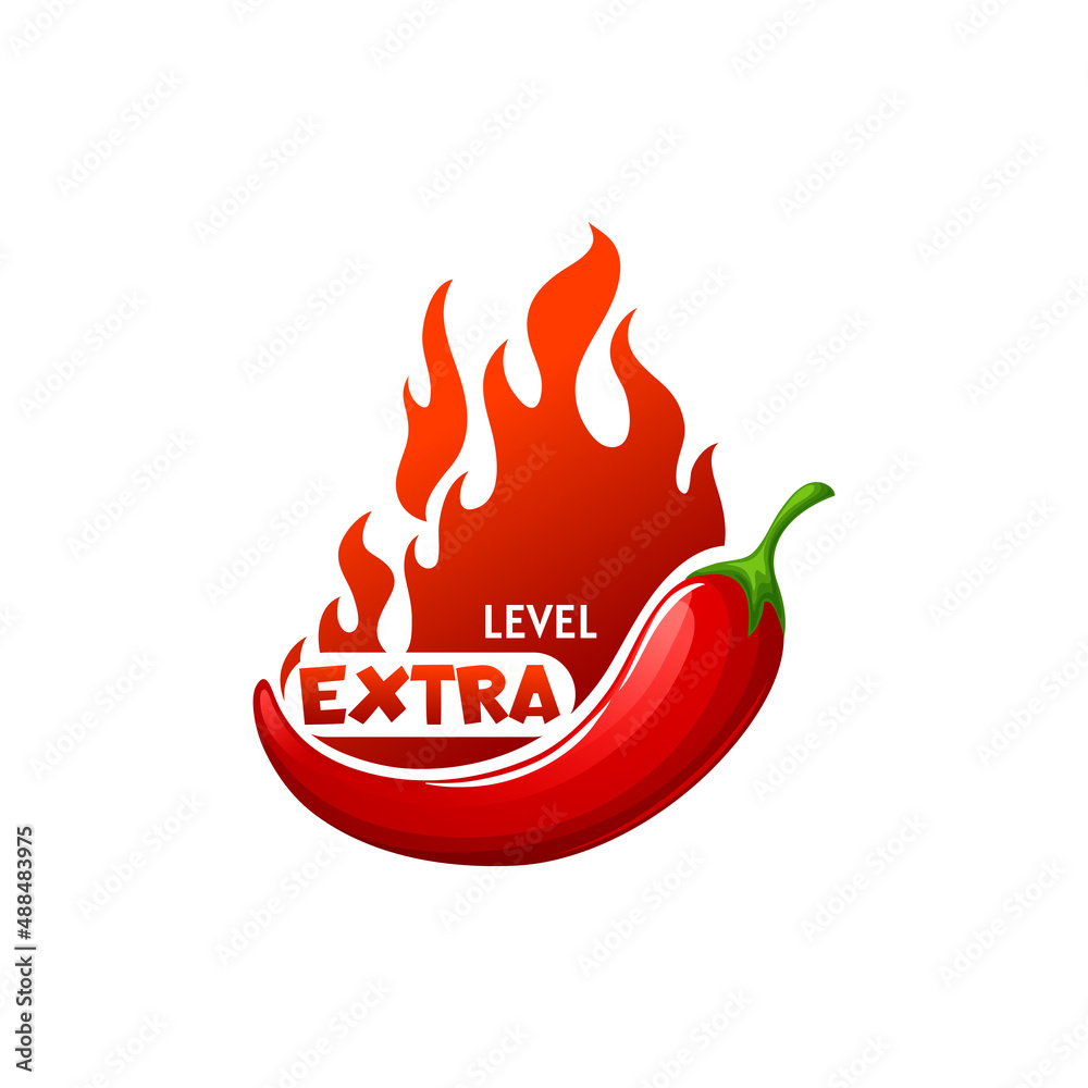 Chili pepper extra hot level and red fire sign isolated flat cartoon ...