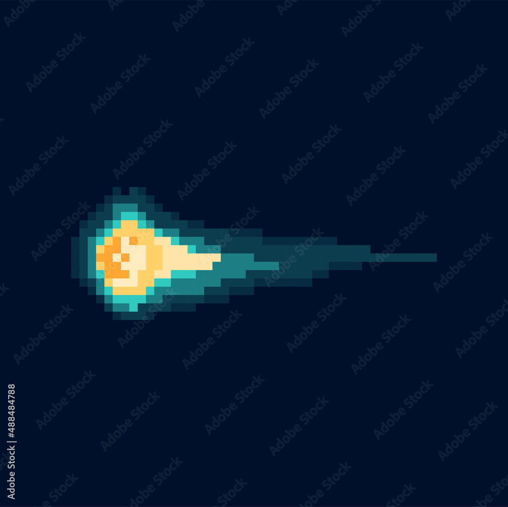 Vettoriale Stock Meteor shower falling comet or star in fire pixel art element, abstract space ...