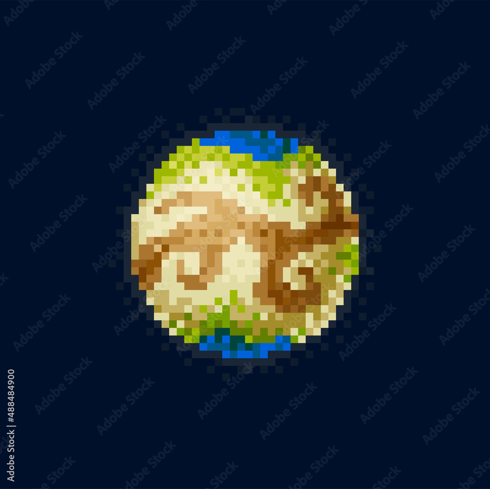Planet of pixel patterns, cartoon alien world, discovery of universe ...