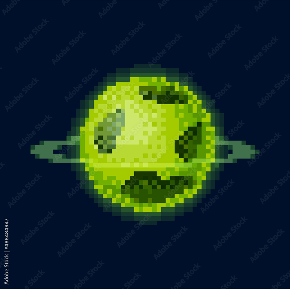 Planet with rotating gas sphere isolated pixel art outer space object ...