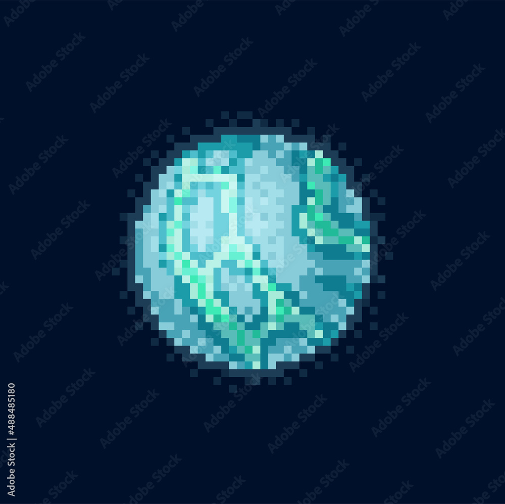 Pixel game planet of solar system isolated blue and green sphere 8 bit ...