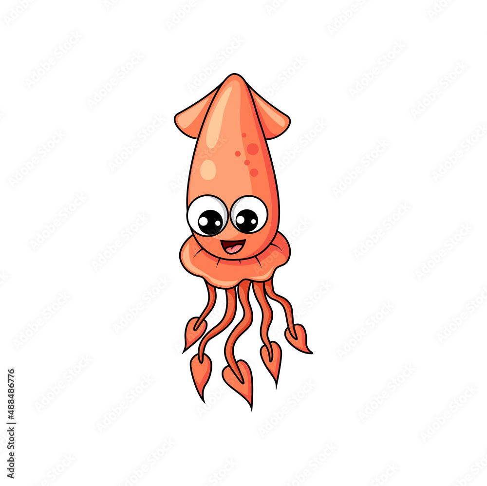 Hooked red squid personage isolated underwater cartoon character ...