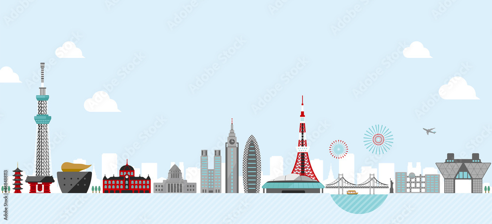 Tokyo skyline flat vector illustration. Tokyo landmark buildings. Stock ...