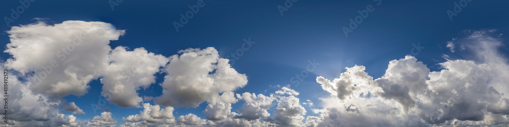 Blue sky panorama with puffy Cumulus clouds. Seamless hdr pano in ...