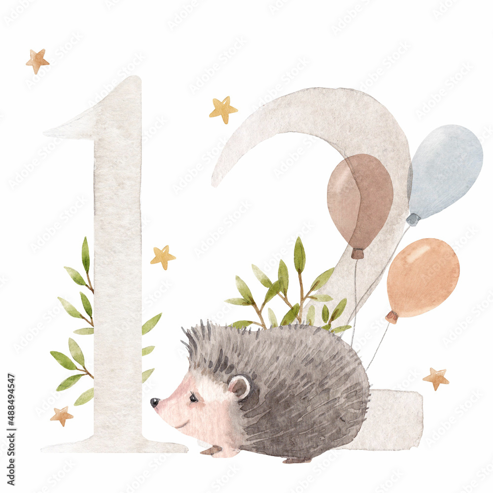 Beautiful stock illustration with watercolor hand drawn number 12 and ...