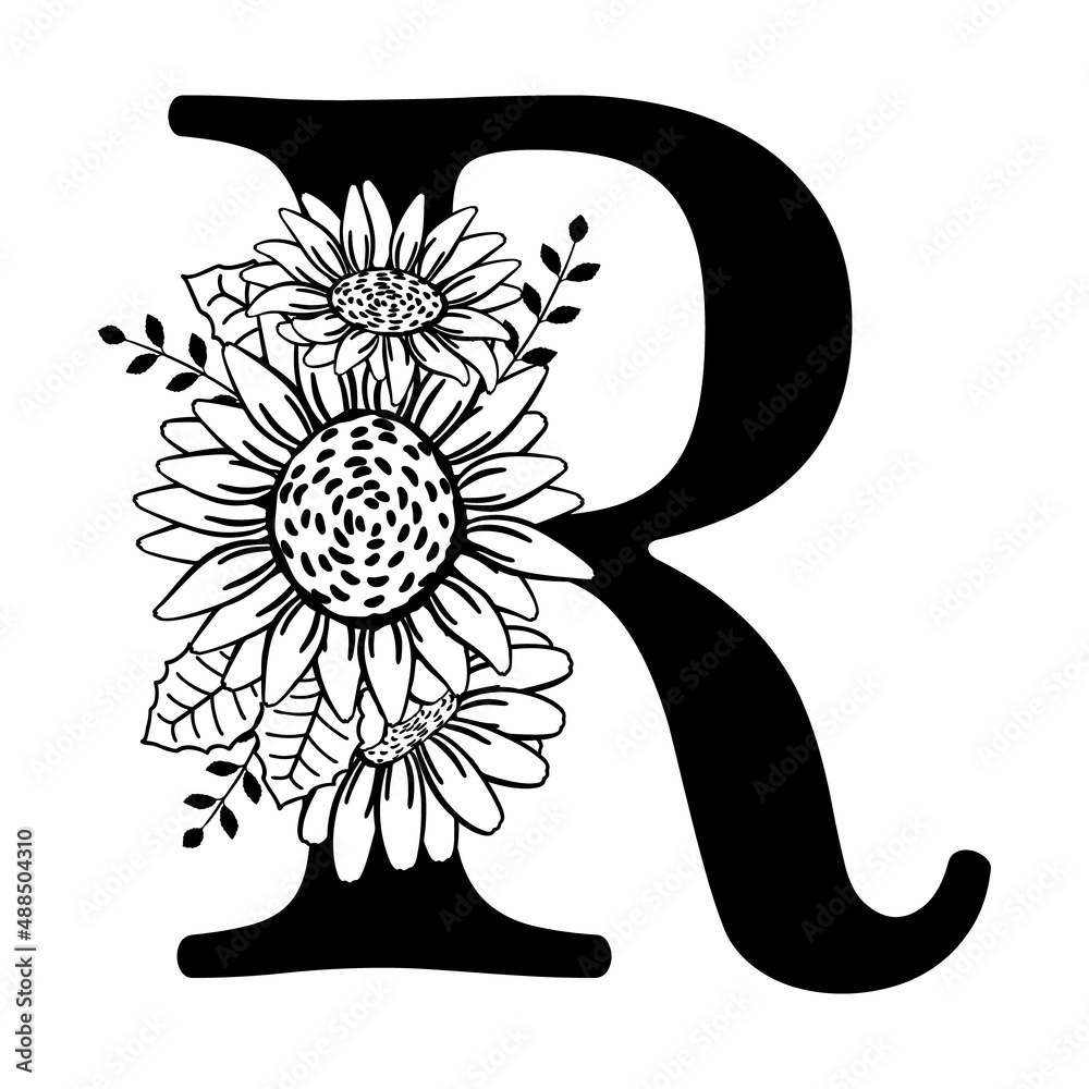 Fototapeta Capital letter R with flowers. Monogram, signature, title ...