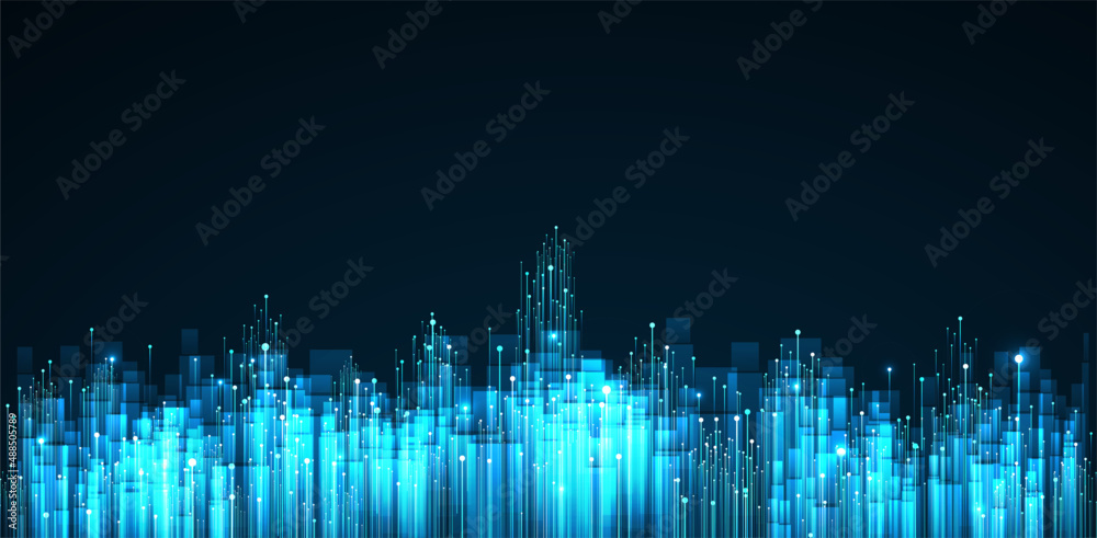 Cityscape on dark blue background with bright glowing neon. Technology ...