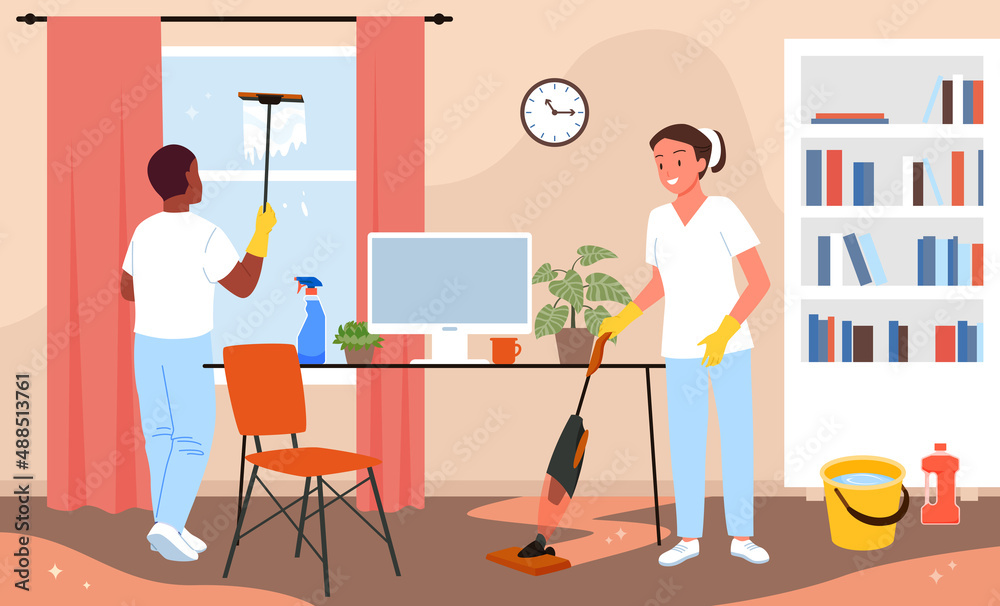 Cartoon man in gloves washing dirty window with detergent and water ...