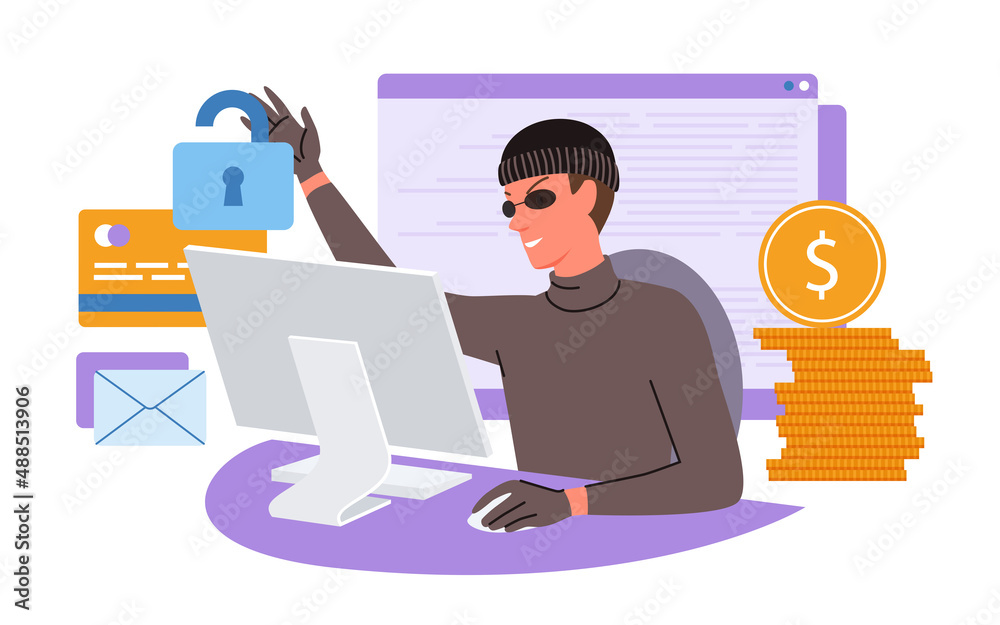 Cartoon hacker using computer, criminal stealing personal digital data ...
