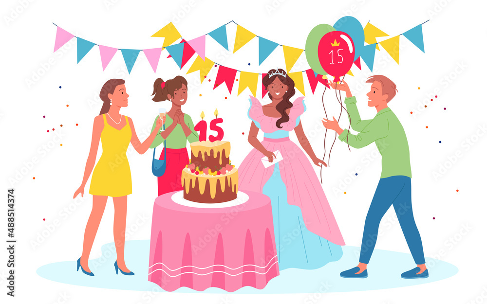 Birthday party celebration for teen princess vector illustration ...