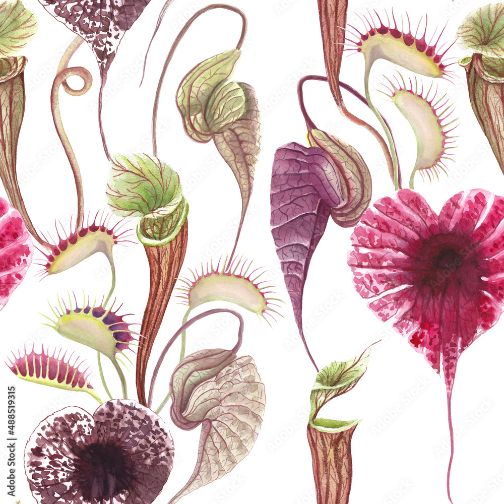 Exotic flowers seamless pattern Carnivorous plants tropical print ...