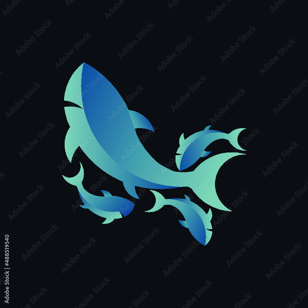 Silhouette of a fish shark in blue surrounded by small sharks on a ...