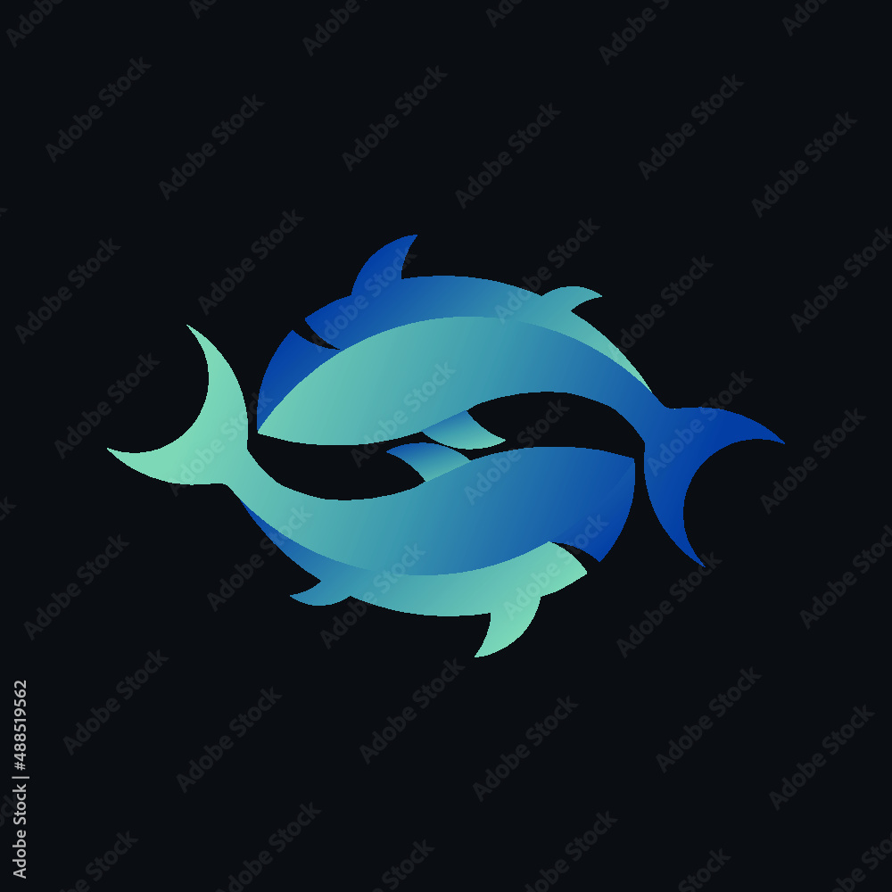 Silhouette duo fish sharks in blue on a black background. Design for ...