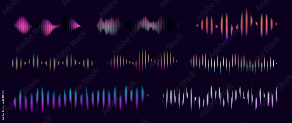 Abstract gradient vibration wave set. Collection of sound audio wavy ...