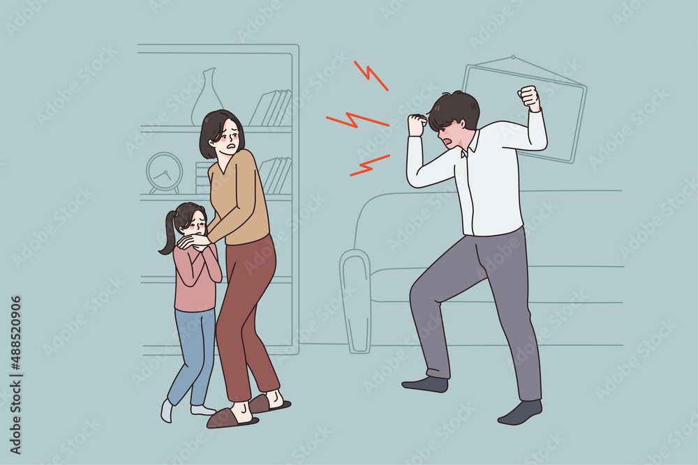 Furious father cream yell at wife and child at home. Scared terrified ...
