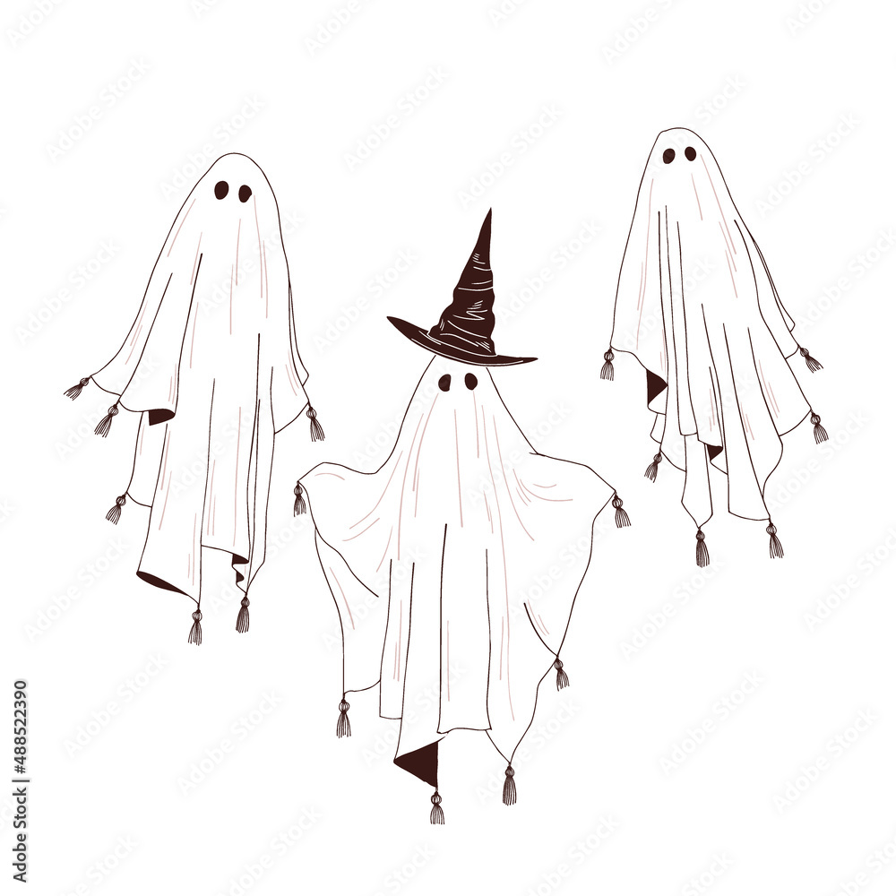 Spooky Ghost in white sheet and witch hat vector illustration set ...