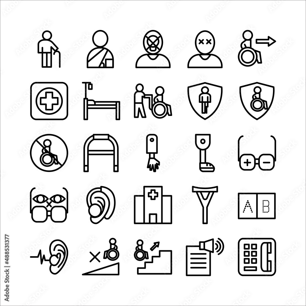 Disability icon set vector line for website, mobile app, presentation ...