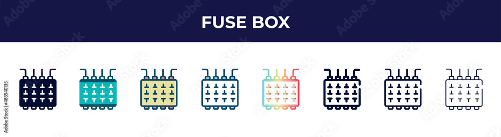 fuse box icon in 8 styles. line, filled, glyph, thin outline, colorful ...