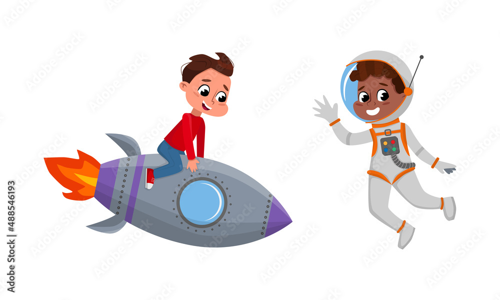 Cute children riding rocket and floating in outer space cartoon vector ...