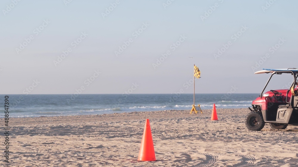 Lifeguard red pickup truck, life guard auto on sand, California ocean ...
