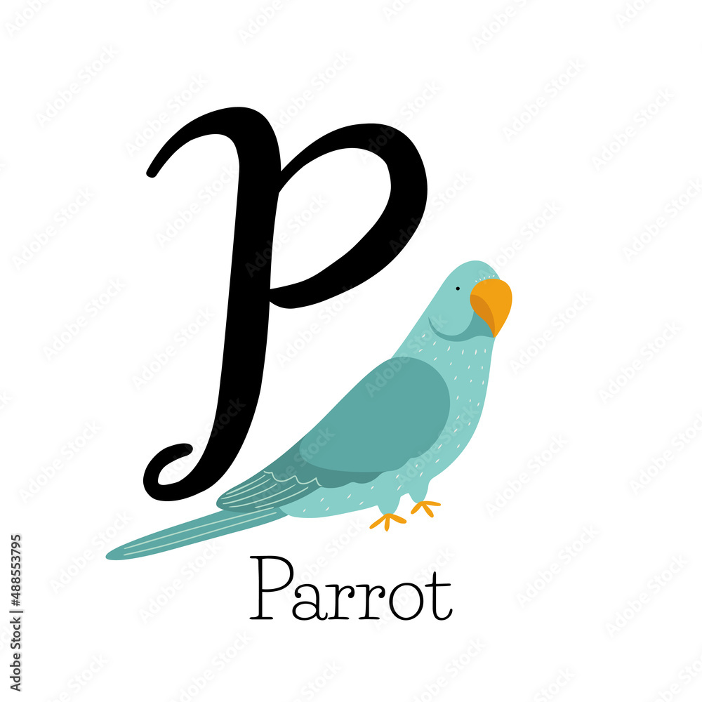 Capital letter P for Parrot, with blue little bird, childish preschool ...