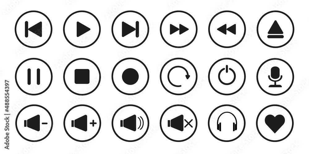 Music or video media player icon set with white background. Media ...