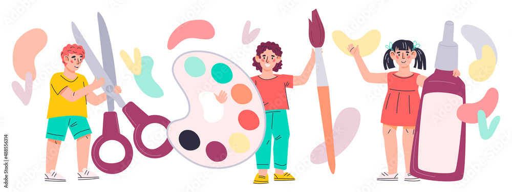 Kids art and creativity class concept - cute children with applies for ...