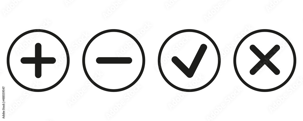 Vector white confirmation icon set. Tick, cross, plus, minus icon set ...