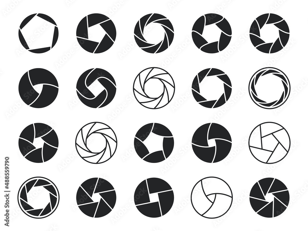 Camera shutter icons. Black lens aperture. Different diaphragm petals ...