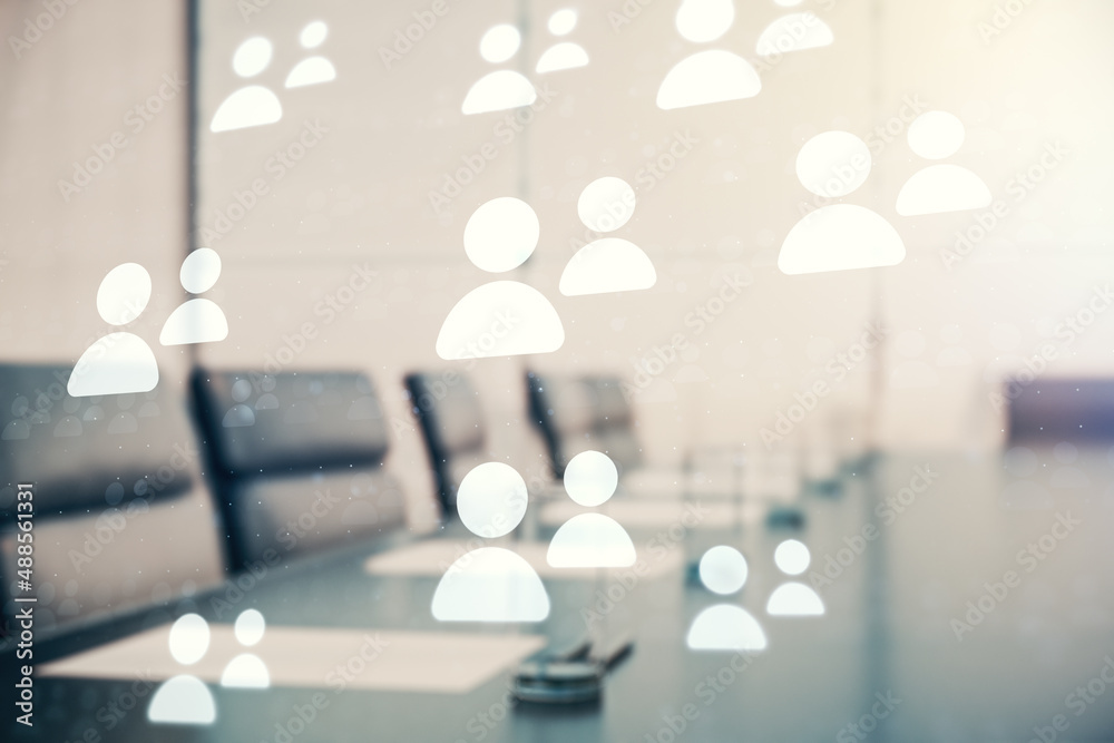 Abstract virtual social network concept on a modern conference room ...