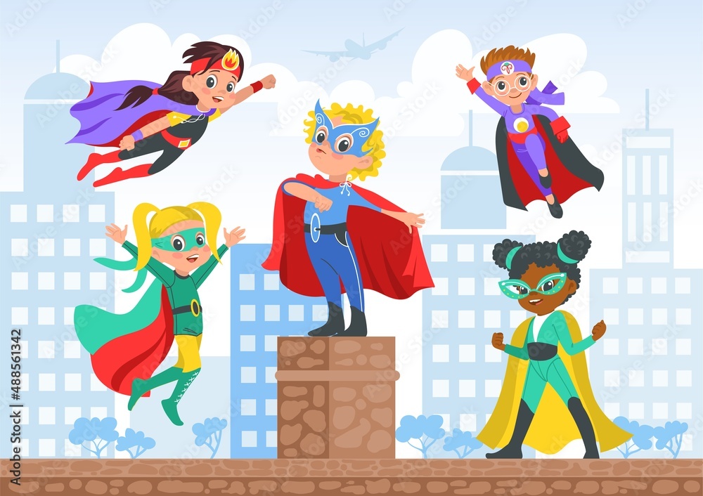 Kids superheroes in city. Comic children characters on street. Boys and ...