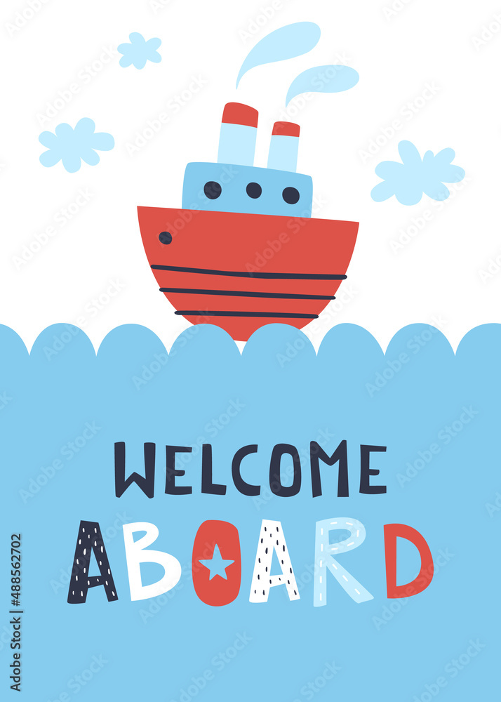 Baby poster with ship is sailing on the sea waves. Steamship print with ...