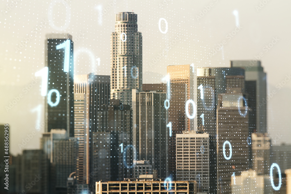 Abstract virtual binary code sketch on Los Angeles office buildings ...