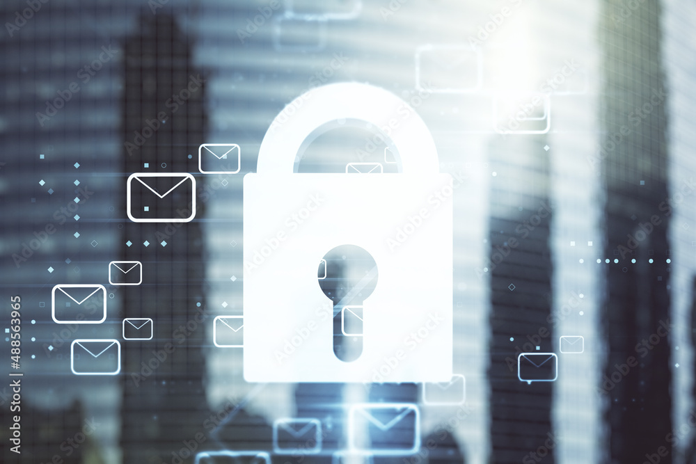 Abstract virtual lock symbol and postal envelopes illustration on ...