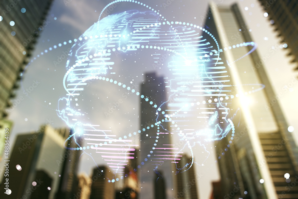 Abstract graphic digital world map hologram with connections on modern ...