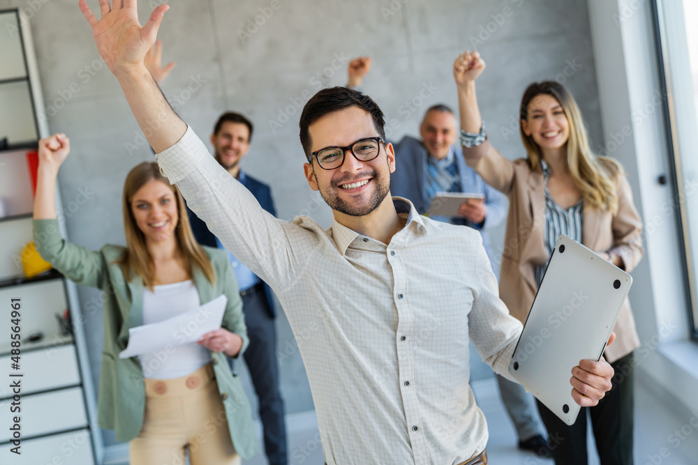 Happy business professional multicultural office team people recommend ...