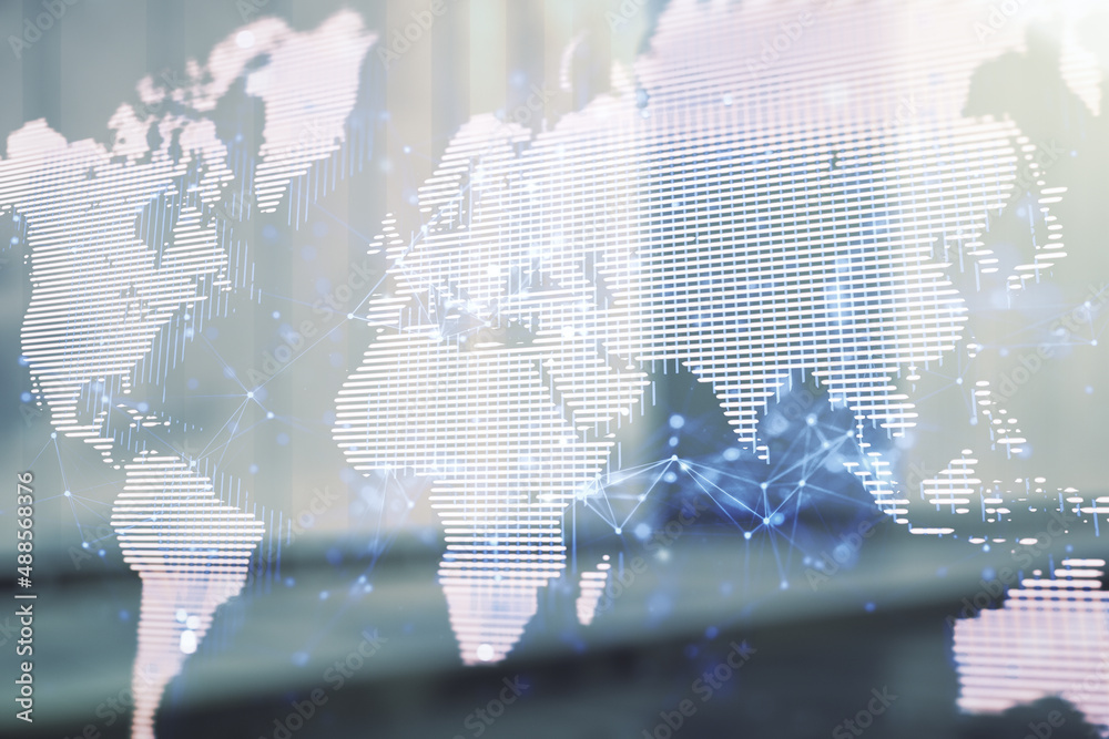 Abstract creative digital world map on blurry contemporary office ...