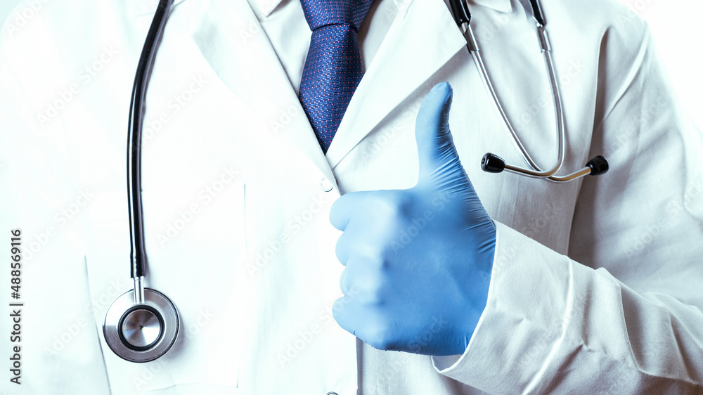 Doctor gesture hands medical background. Happy nurse in blue gloves ...