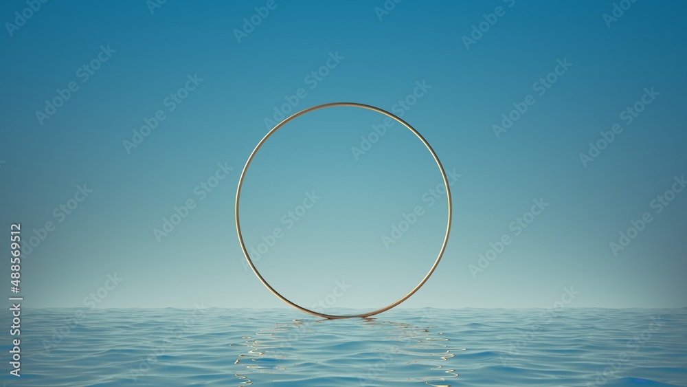 3d render, Surreal seascape with golden ring in the middle of the sea ...