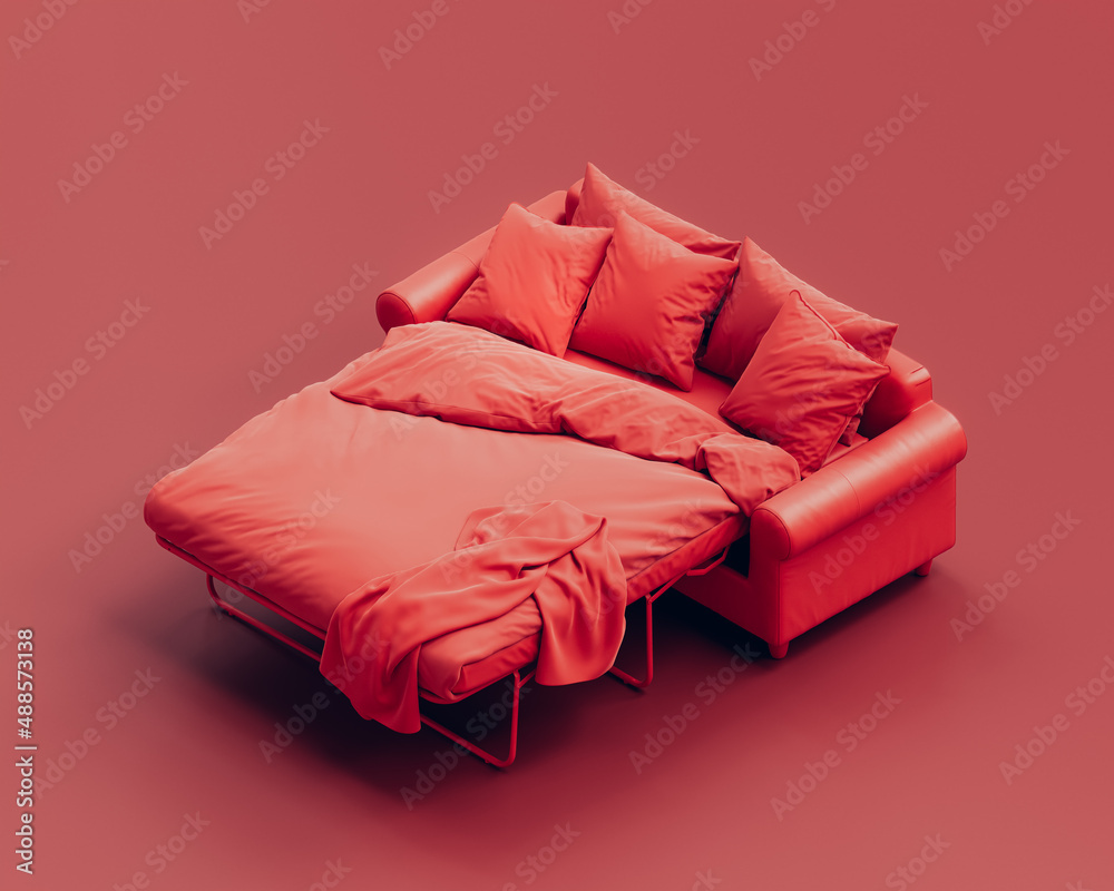 Isometric red bed. Monochrome single color crumpled, unfinished messy ...