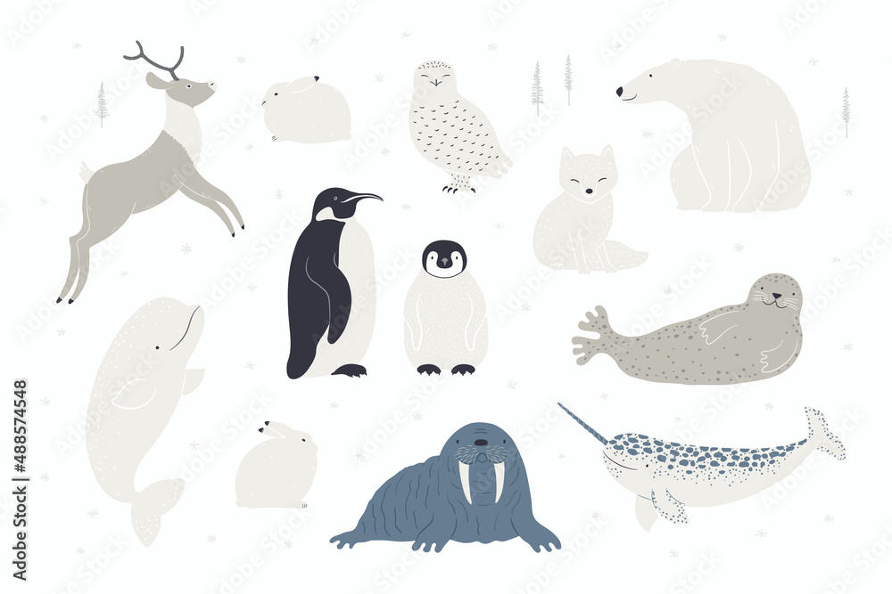 Cute Arctic animals big set. Polar bear, penguin, arctic hare, fox ...