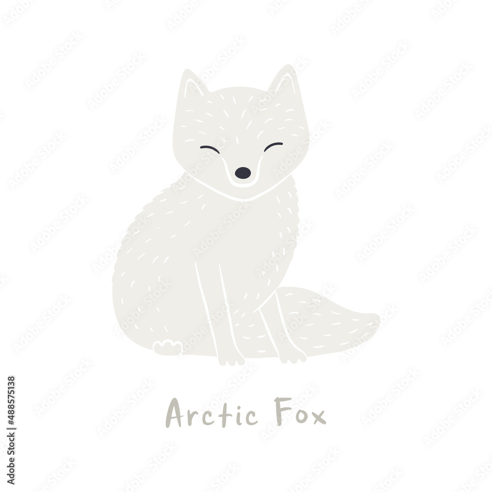 Cute cartoon arctic fox, isolated on white. Hand drawn vector ...