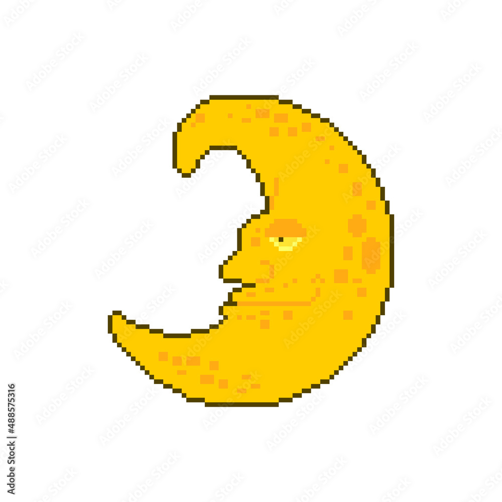 Crescent face pixel art. 8 bit Moon With Face. pixelated Vector ...