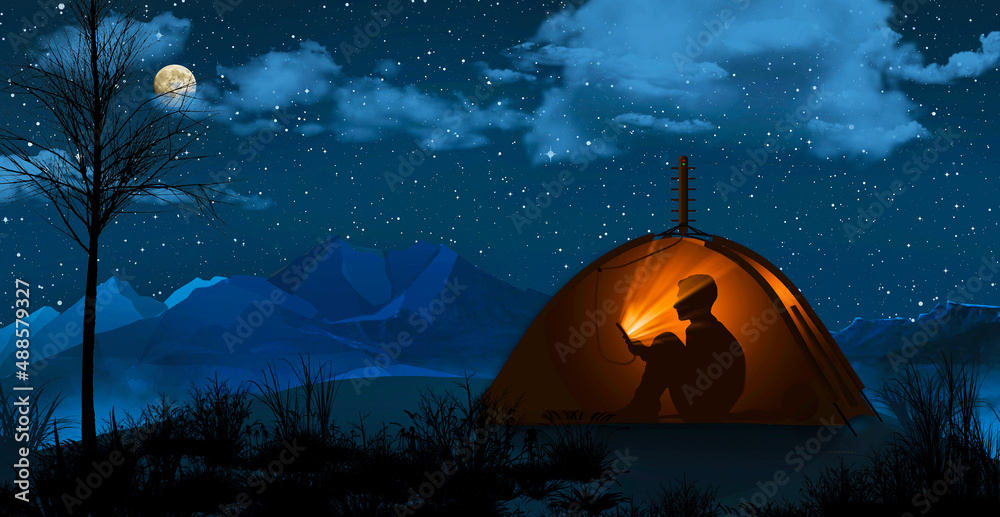 A wilderness camper sits in his tent using a cell phone thanks to an ...