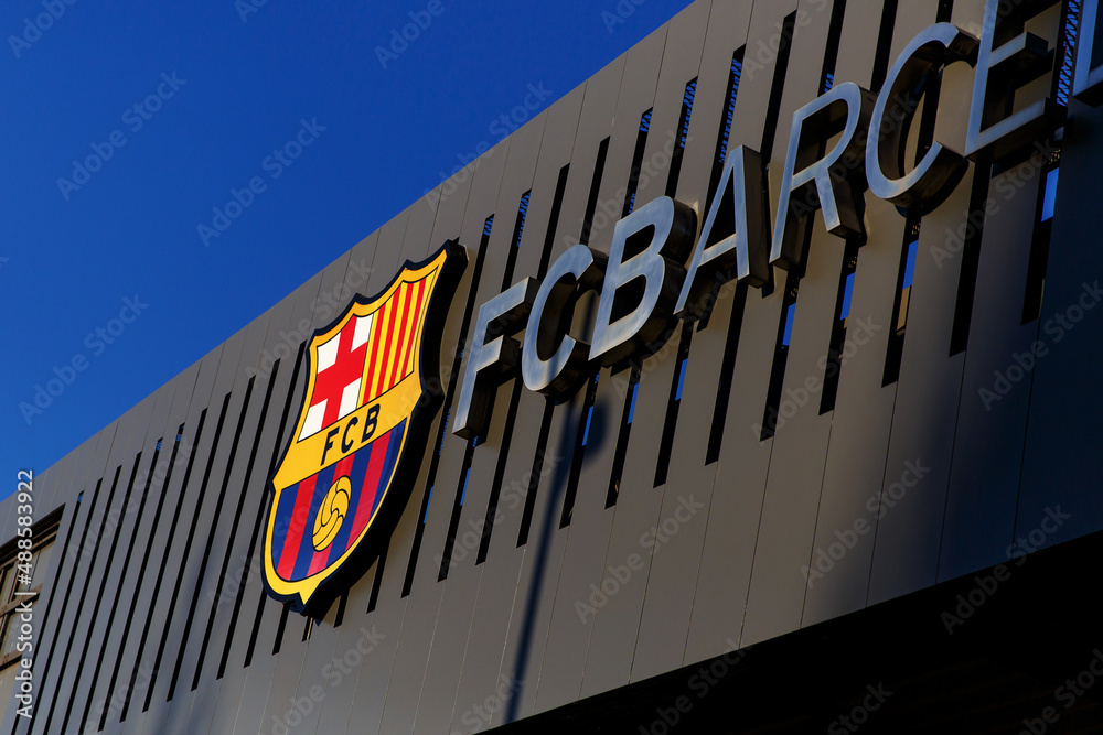 Barcelona, Spain - January 26, 2022: - FC Barcelona logo on exterior of ...