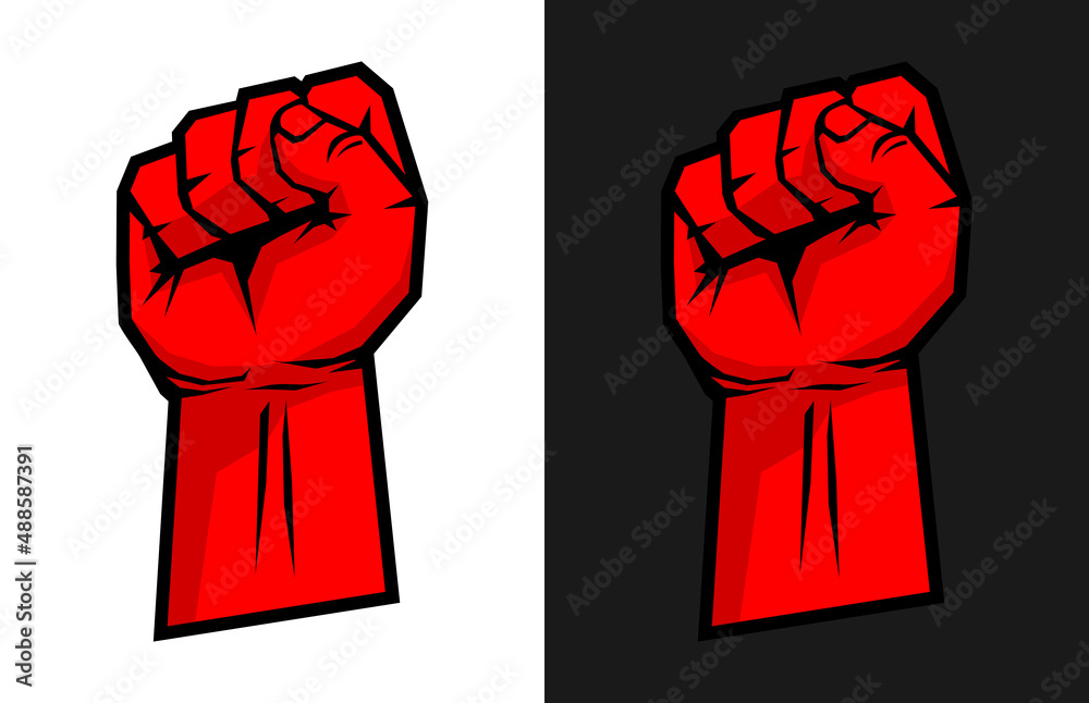 Raised hand with clenched fist. Red protest symbol. Flat design, vector ...