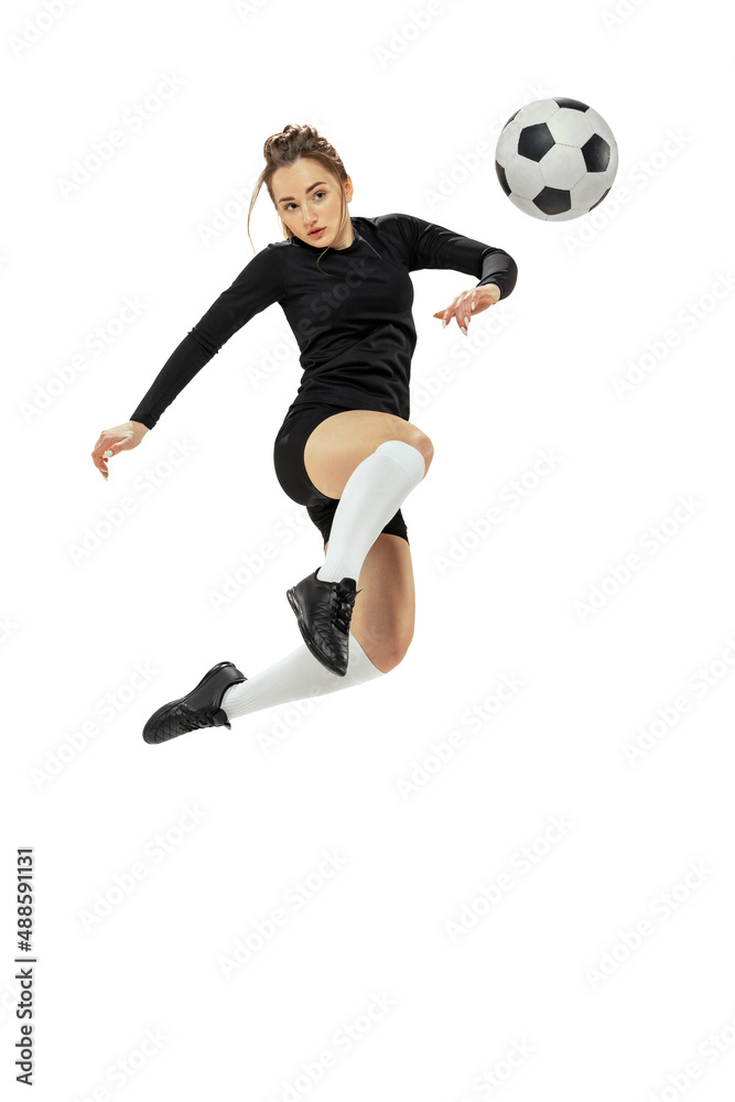 Striker. Professional female soccer, football player in action, motion ...
