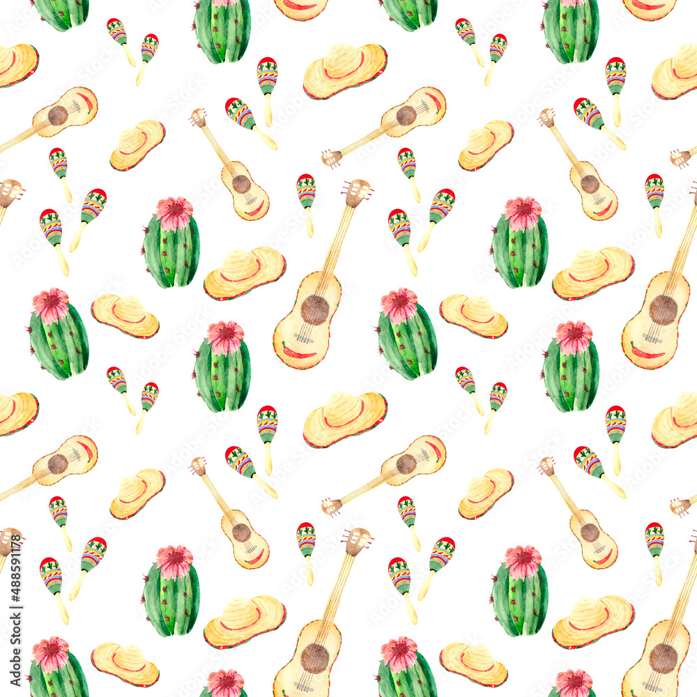 Seamless pattern on a Mexican theme with green flowering cacti, guitar ...