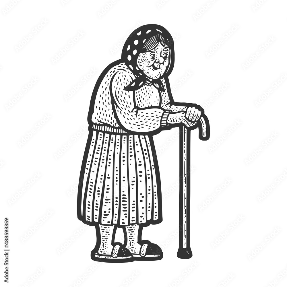 Old granny with walking stick sketch engraving vector illustration. T ...